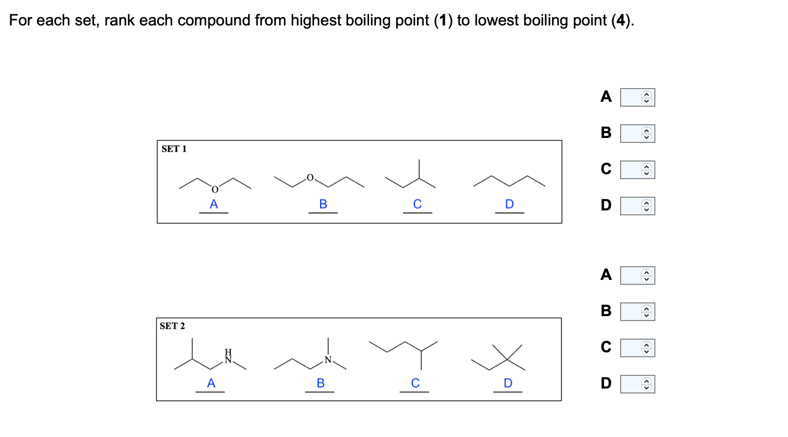 Solved For each set, rank each compound from highest boiling | Chegg.com
