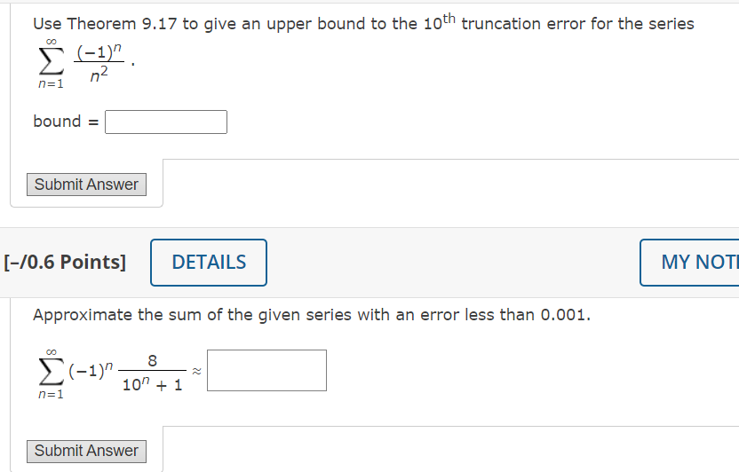 ∑n=1∞n2(−1)n bound = 10.6 Points] Approximate the sum | Chegg.com