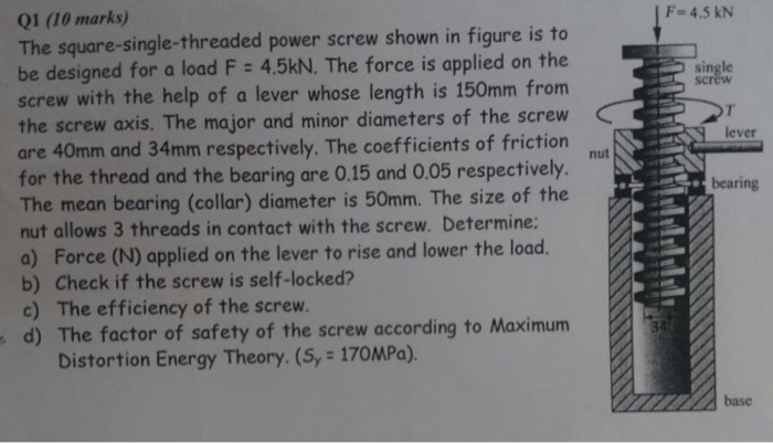 Solved F- 4.5 kN 01 (10 marks) The square-single-threaded | Chegg.com