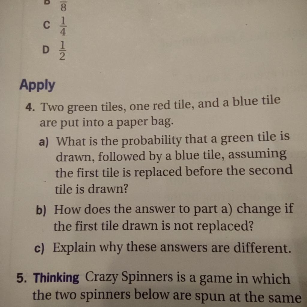 Solved 8 1 4. с D] Apply 4. Two green tiles, one red tile, | Chegg.com