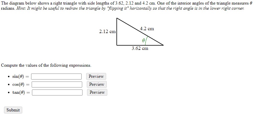 Solved The diagram below shows a right triangle with side | Chegg.com
