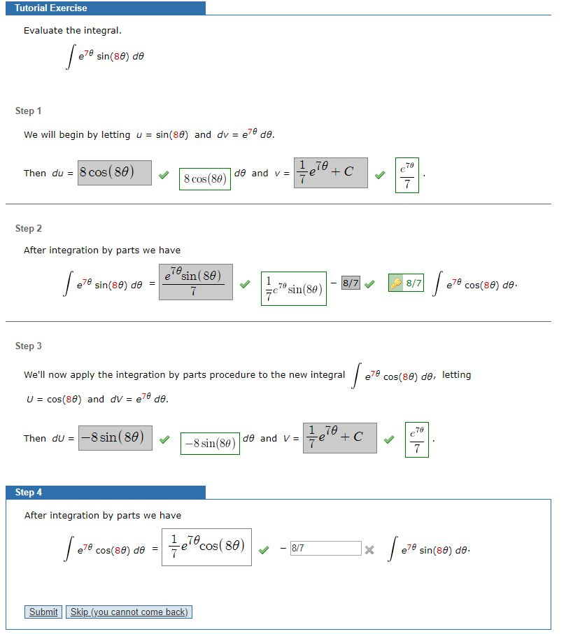 Solved Tutorial Exercise Evaluate the integral e78 sin(89) | Chegg.com