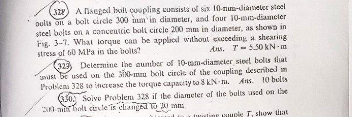Solved 328) A flanged bolt coupling consists of six | Chegg.com