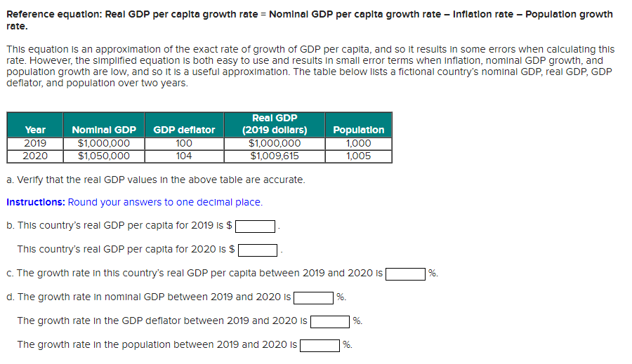 Solved Reference equation: Real GDP per capita growth rate = | Chegg.com