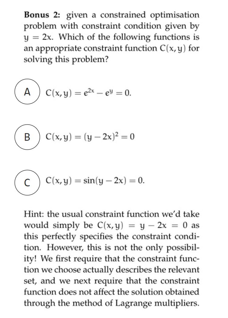 Solved Bonus 2: given a constrained optimisation problem | Chegg.com