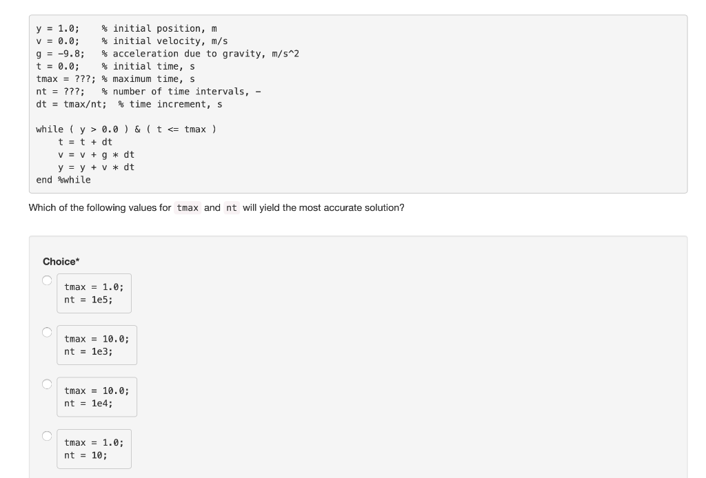 Solved y = 1.0; % initial position, m v = 0.0; % initial | Chegg.com