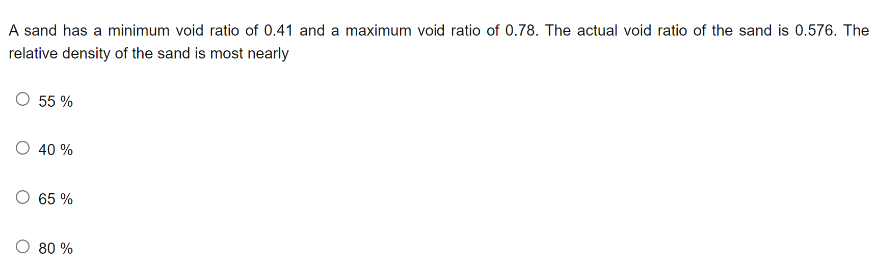Solved A sand has a minimum void ratio of 0.41 and a maximum | Chegg.com