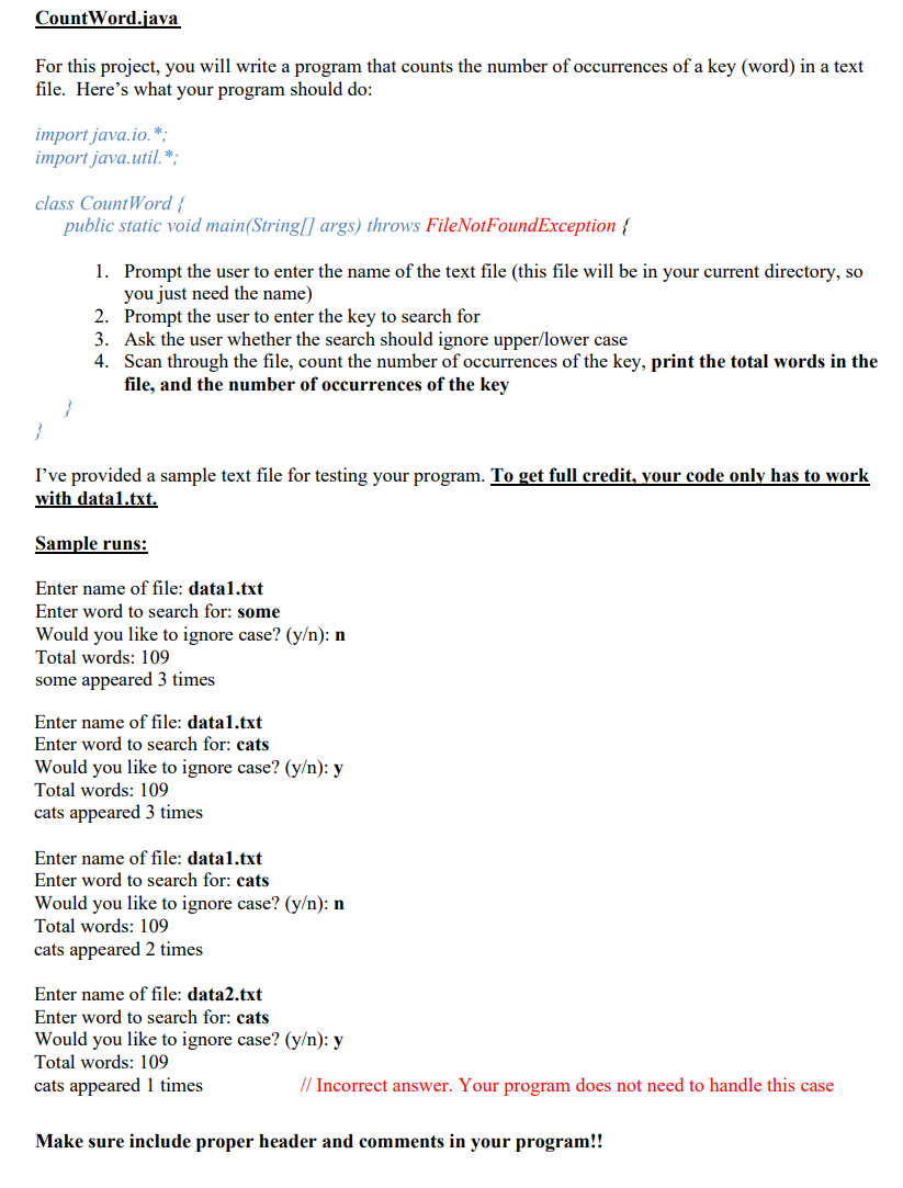Solved CountWord.java For this project, you will write a | Chegg.com