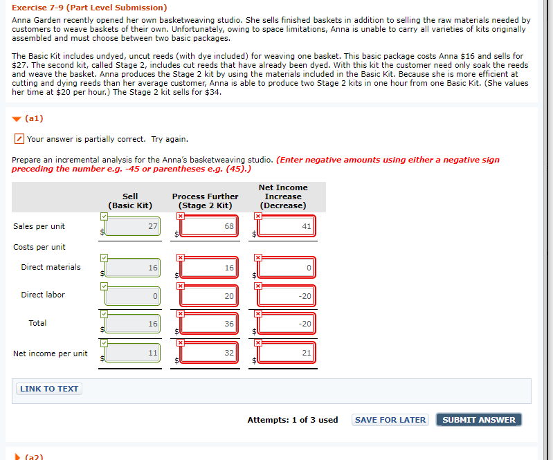 Solved Exercise 7-9 (Part Level Submission) Anna Garden | Chegg.com
