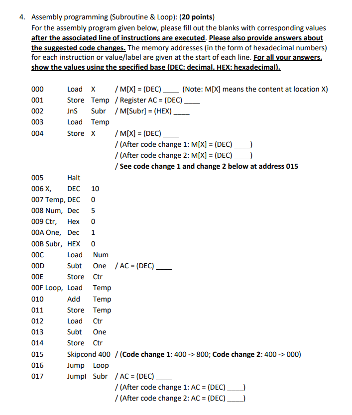 Solved 4 Assembly Programming Subroutine And Loop 20 0241