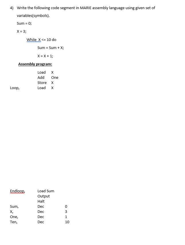 Solved 4) Write the following code segment in MARIE assembly | Chegg.com