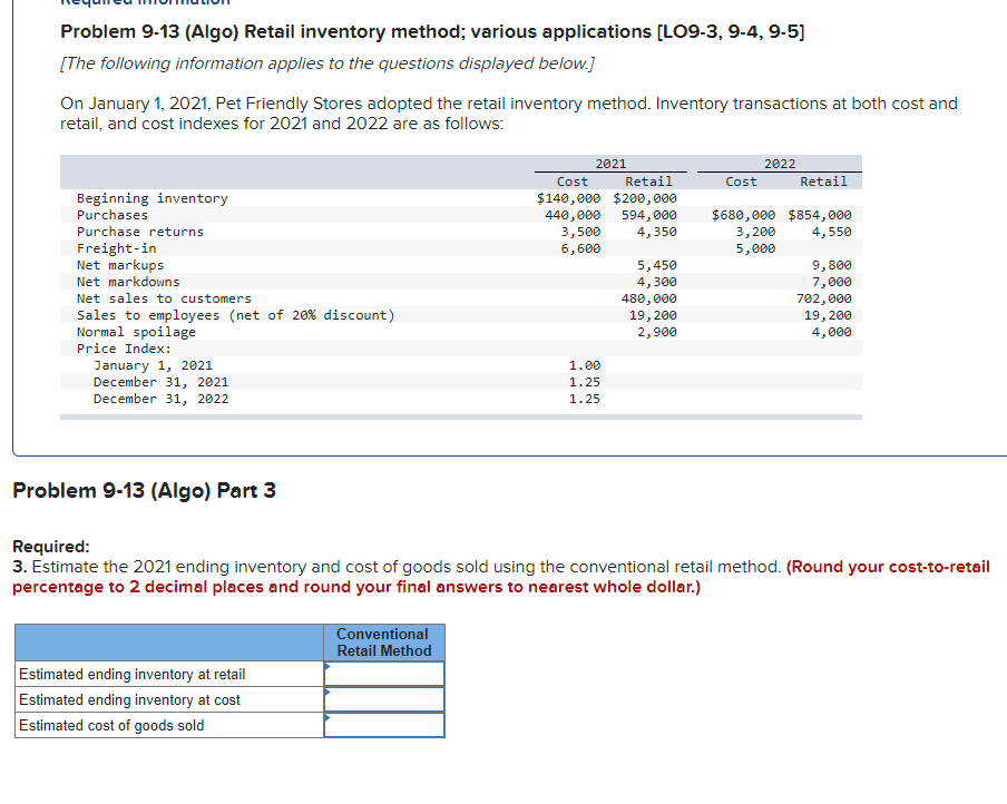 Solved Problem 9-13 (Algo) Retail inventory method; various | Chegg.com