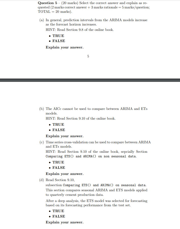 Solved Question 5 - (20 marks) Select the correct answer and | Chegg.com