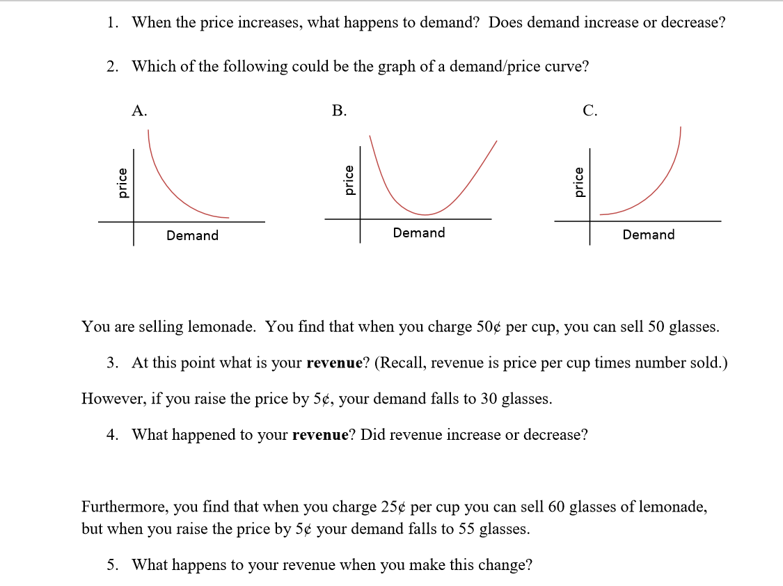 Solved 1. When the price increases, what happens to demand? | Chegg.com