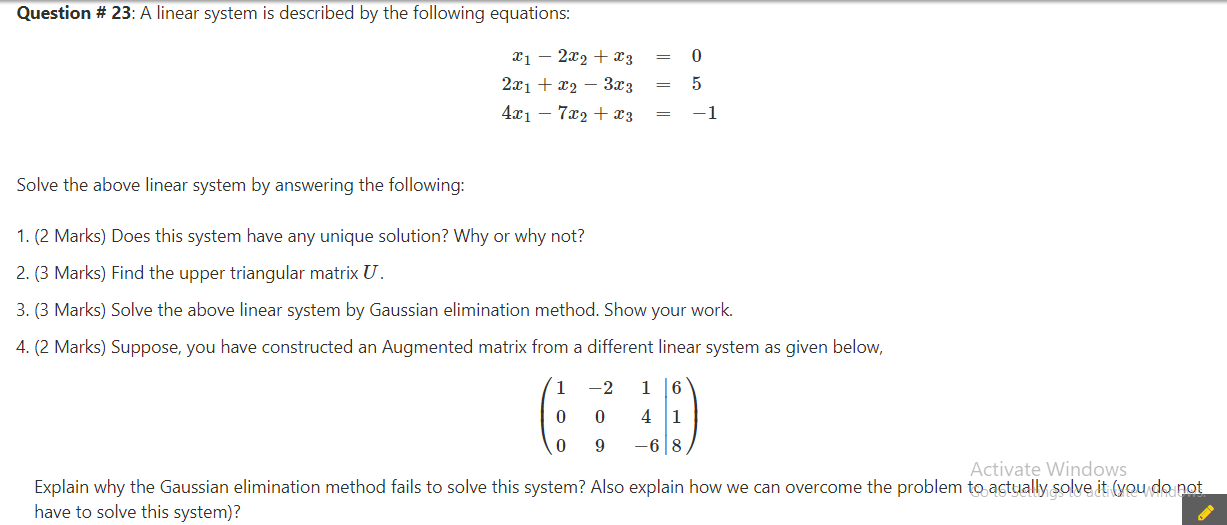 Solved Question # 23: A linear system is described by the | Chegg.com