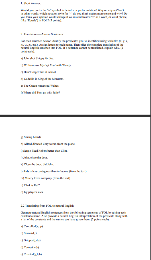 Solved 1. Short Answer: Would you prefer the " = " symbol to | Chegg.com