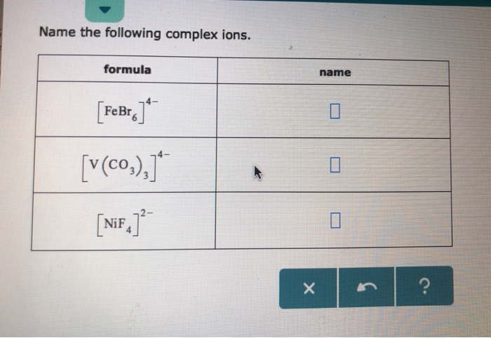 Solved Name the following complex ions. formula name FeBr [v | Chegg.com