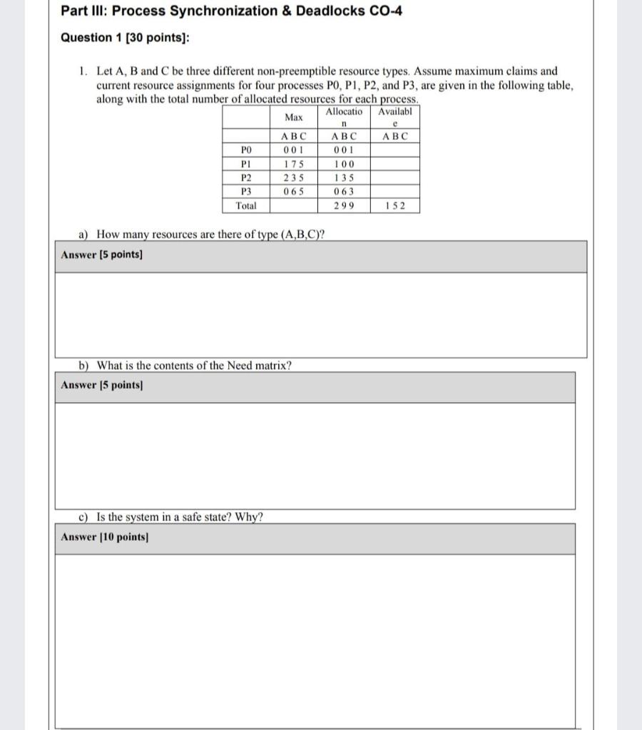 Solved Part III: Process Synchronization & Deadlocks CO-4 | Chegg.com