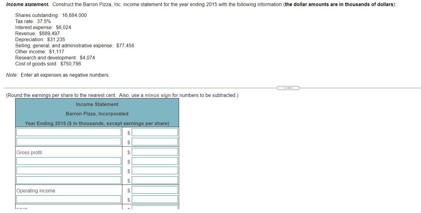 Solved Income statement. Construct the Barron Pizza, Inc. | Chegg.com