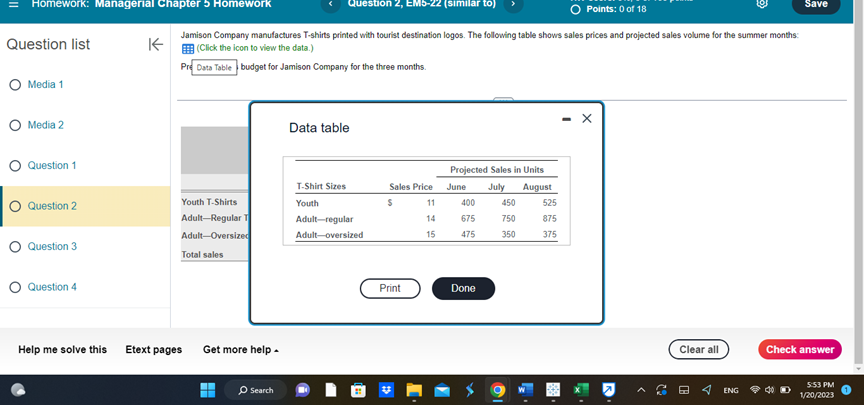 Solved Jamison Company manulactures T-shirts printed with | Chegg.com