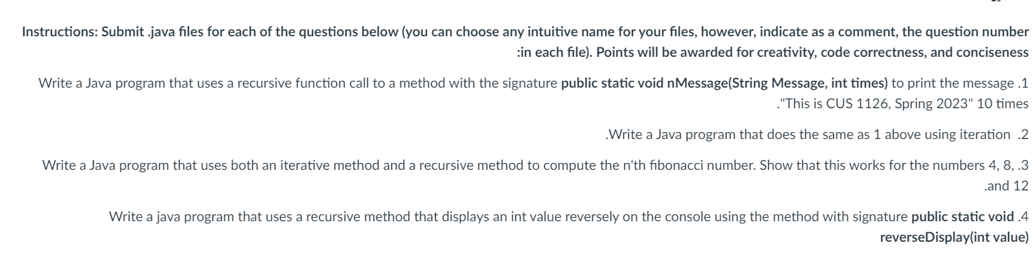 Solved Instructions: Submit .java files for each of the | Chegg.com