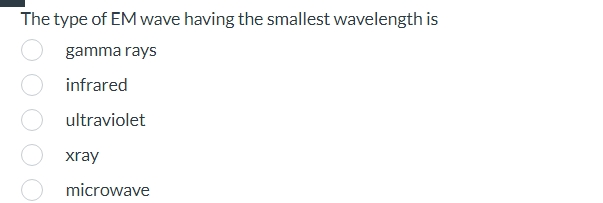 Solved The type of EM wave having the smallest wavelength | Chegg.com