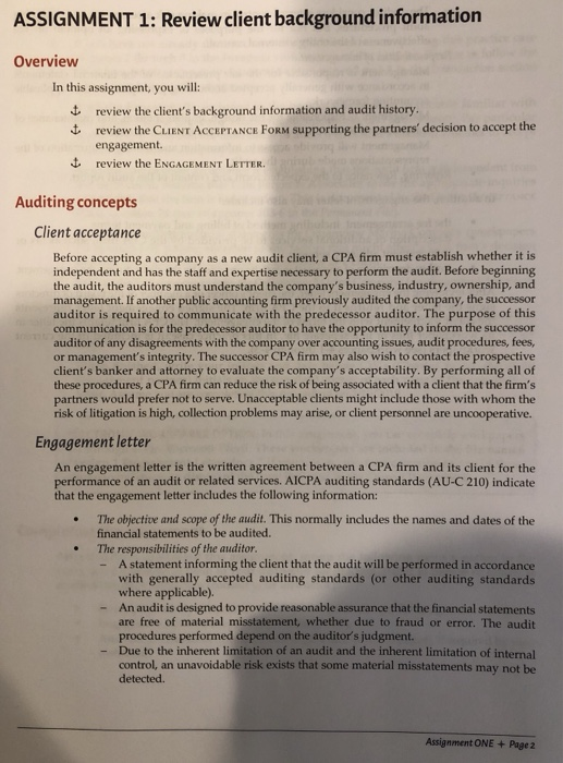 ASSIGNMENT 1: Review client background information | Chegg.com