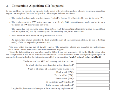 2. Tomasulo's Algorithm (II) [45 points] In this | Chegg.com