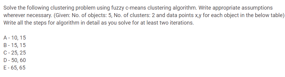 Solve the following clustering problem using fuzzy | Chegg.com