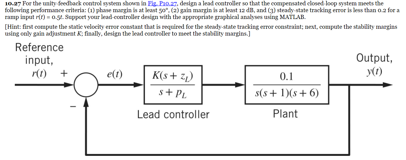 Solved 10.27 For the unity-feedback control system shown in | Chegg.com