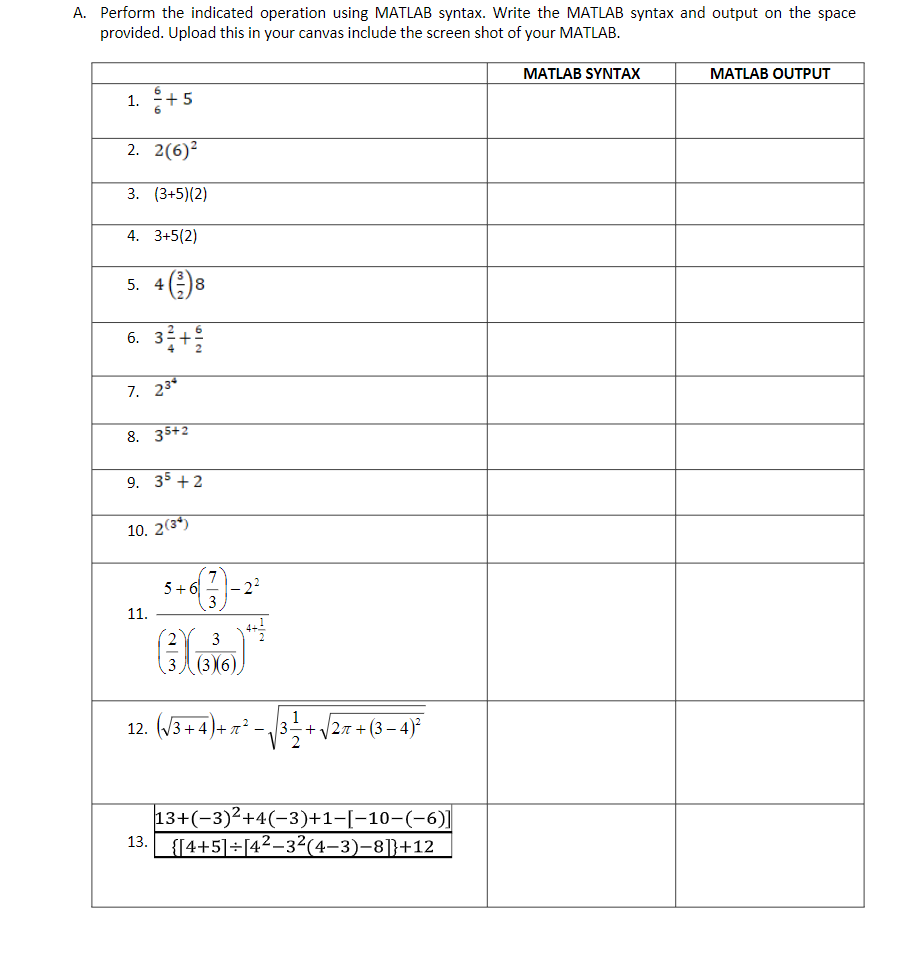 Solved A Perform The Indicated Operation Using Matlab