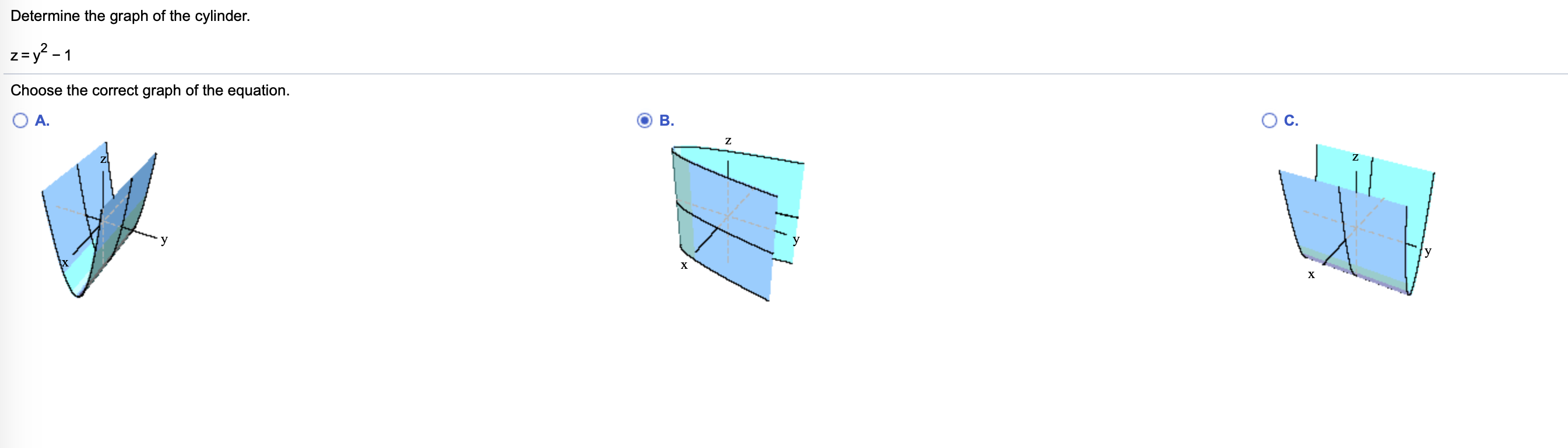 Solved Determine the graph of the cylinder. z = y2 - 1 | Chegg.com