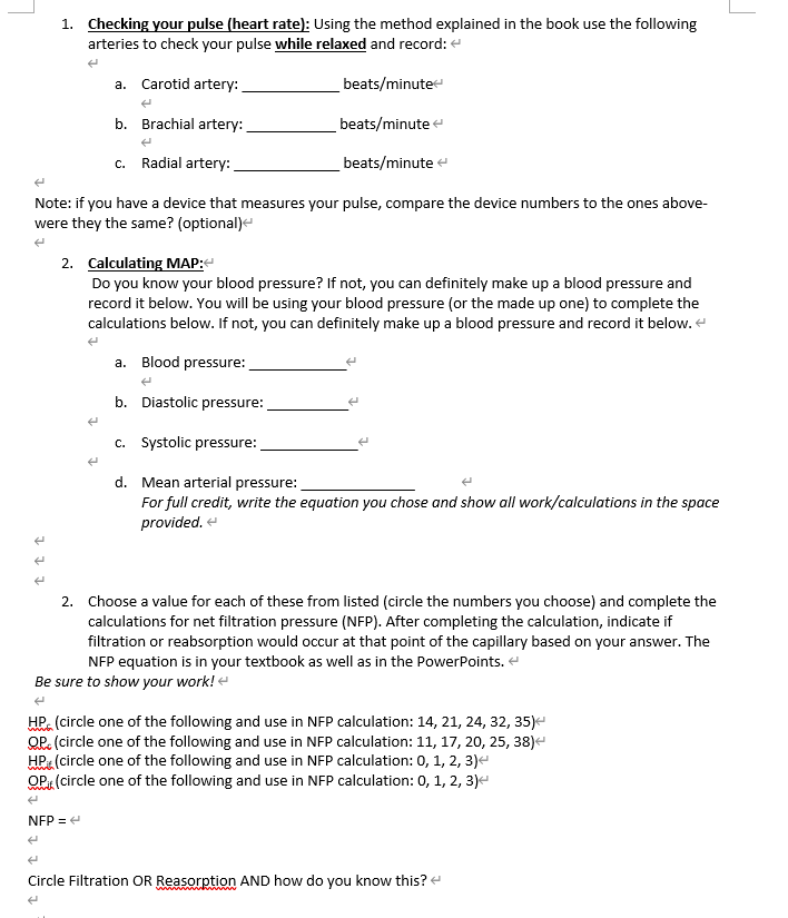Solved 1. Checking your pulse (heart rate): Using the method | Chegg.com