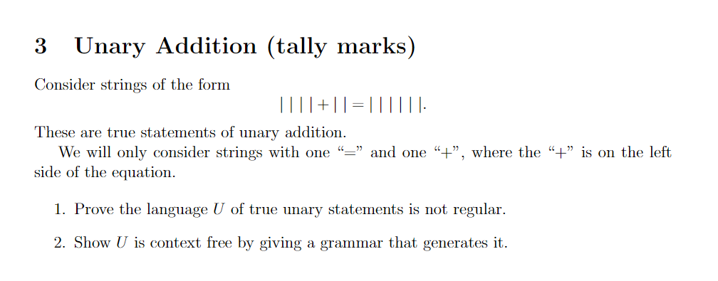 Solved 3 Unary Addition (tally marks) Consider strings of | Chegg.com