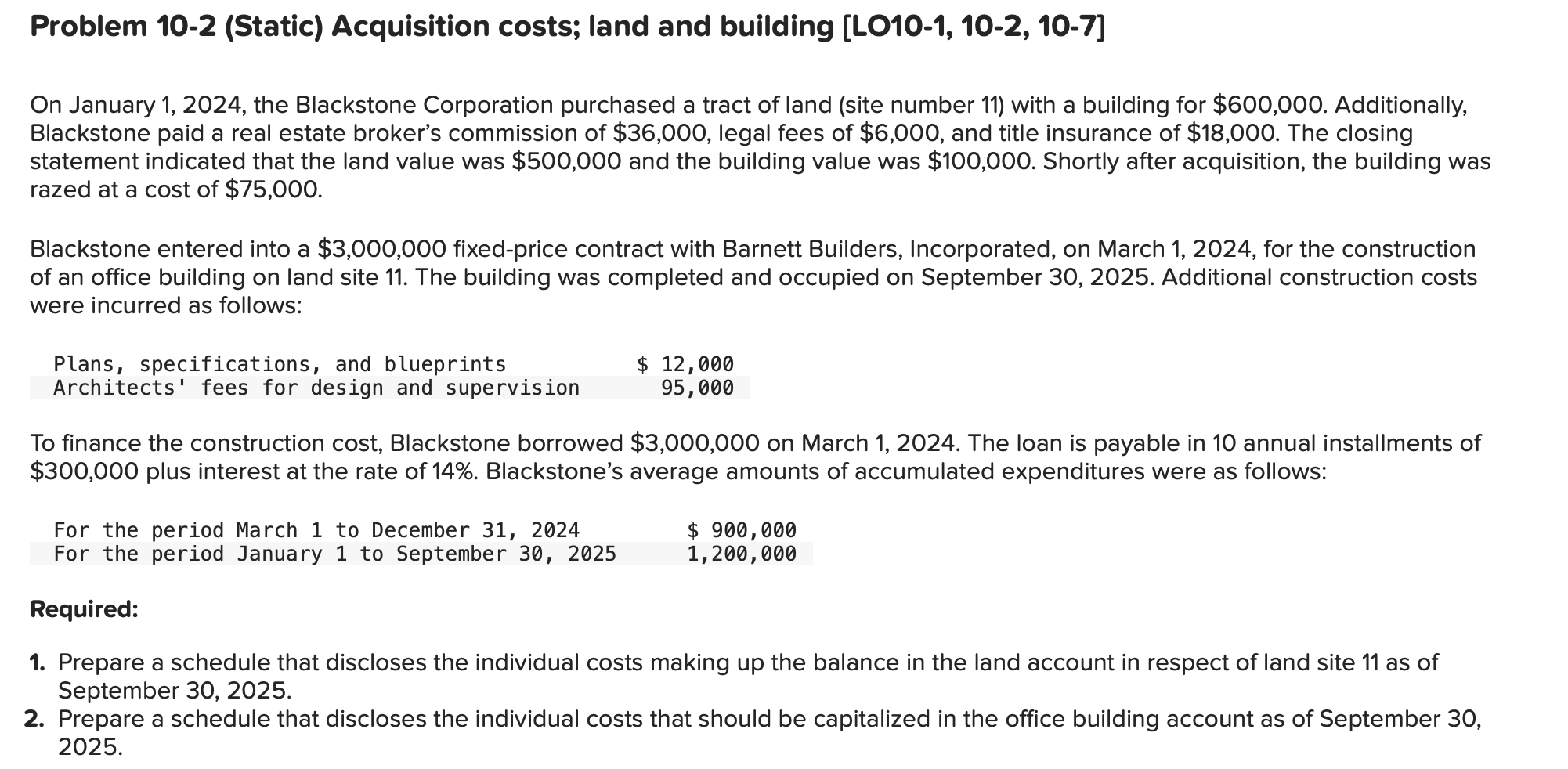 Solved Problem 10-2 (Static) Acquisition costs; land and | Chegg.com