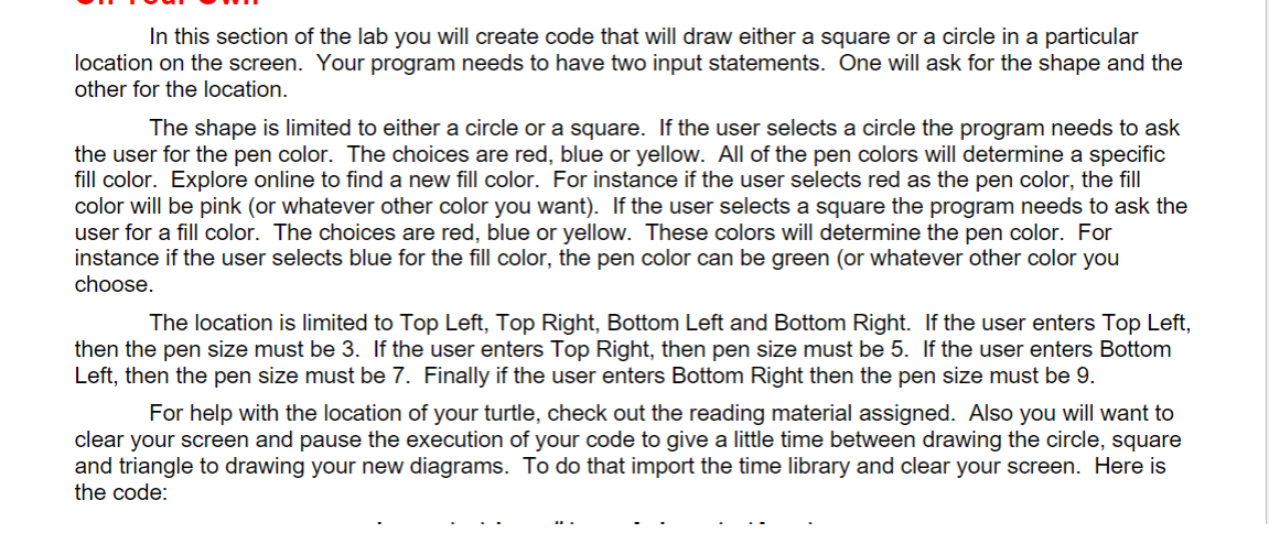 Solved Hello! I need help with the on your own turtle lab. I | Chegg.com