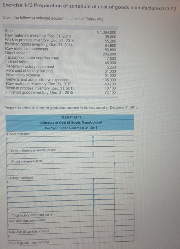 Solved Exercise 1-13 Preparation of schedule of cost of | Chegg.com