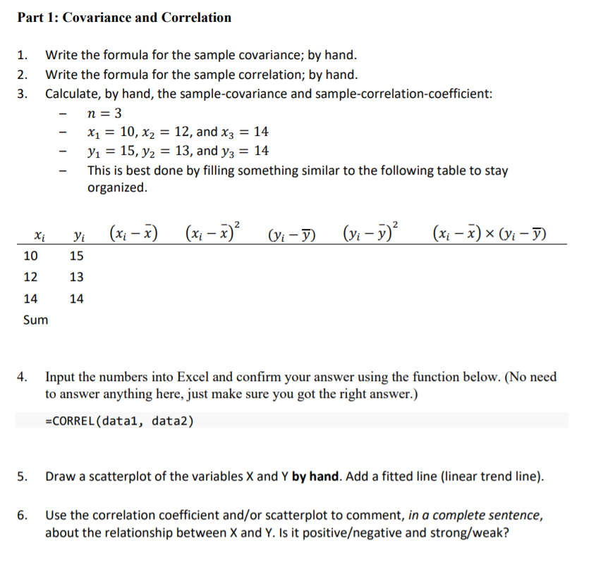 Solved Part 1: Covariance and Correlation 1. Write the | Chegg.com