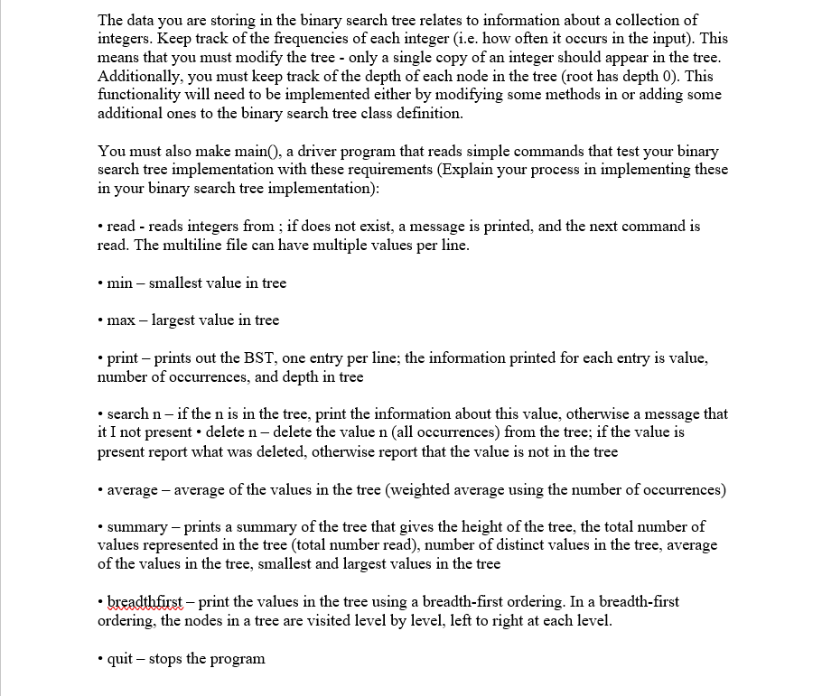 Solved The data you are storing in the binary search tree | Chegg.com