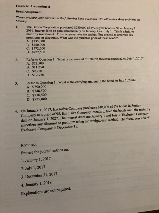 Solved Financial Accounting II Bond Assignment Please | Chegg.com