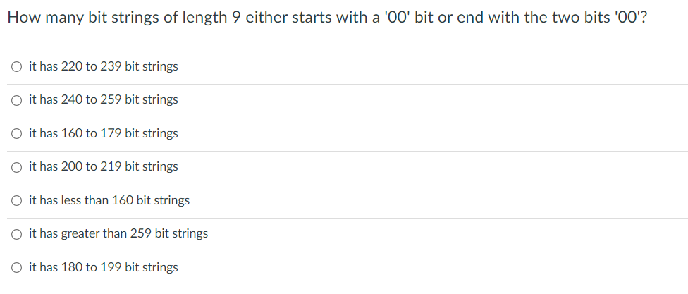 Solved How many bit strings of length 9 either starts with a | Chegg.com