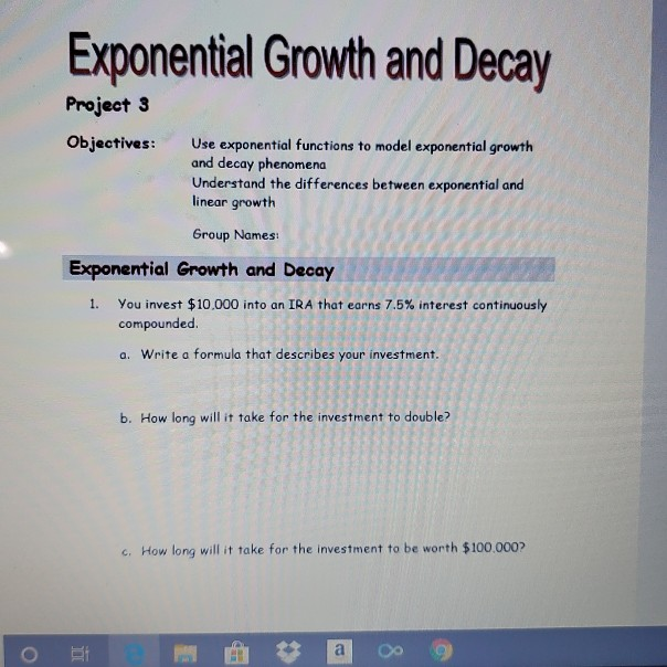 Solved Exponential Growth and Decay Project 3 Objectives: | Chegg.com