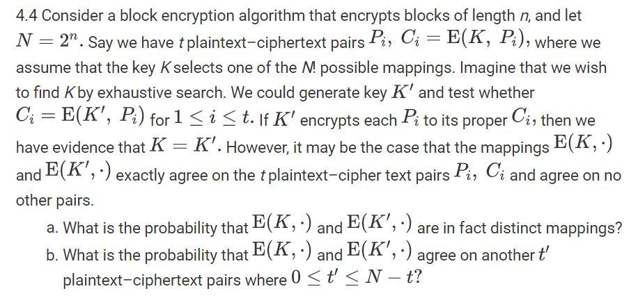 Solved 4.4 Consider a block encryption algorithm that | Chegg.com