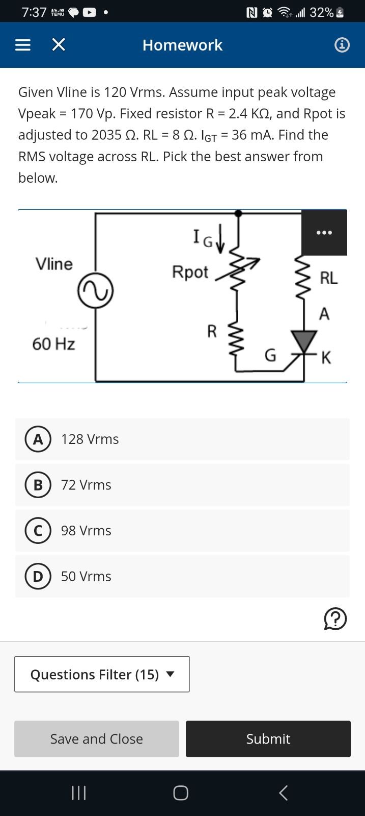 Solved Given Vline is 120Vrms. ﻿Assume input peak voltage | Chegg.com