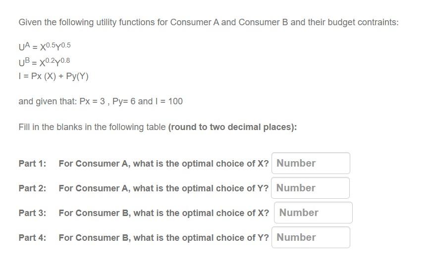 Solved Given the following utility functions for Consumer A | Chegg.com