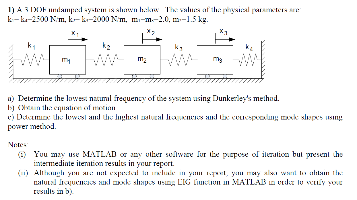 Solved 1) A 3 DOF undamped system is shown below. The values | Chegg.com