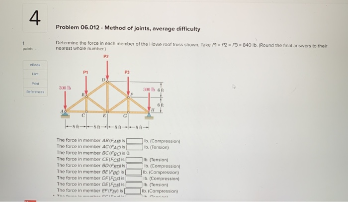 Solved 4 Problem 06.012- Method of joints, average | Chegg.com
