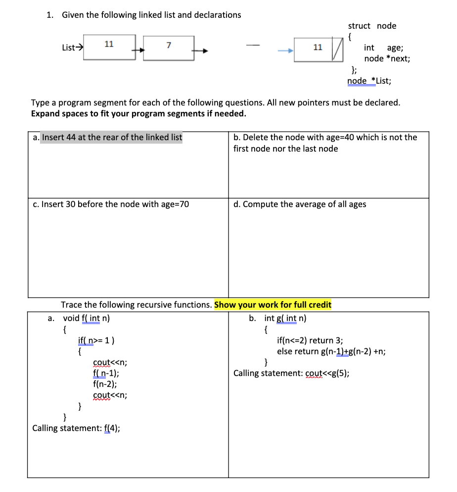 Solved 1 Given The Following Linked List And Declarations 