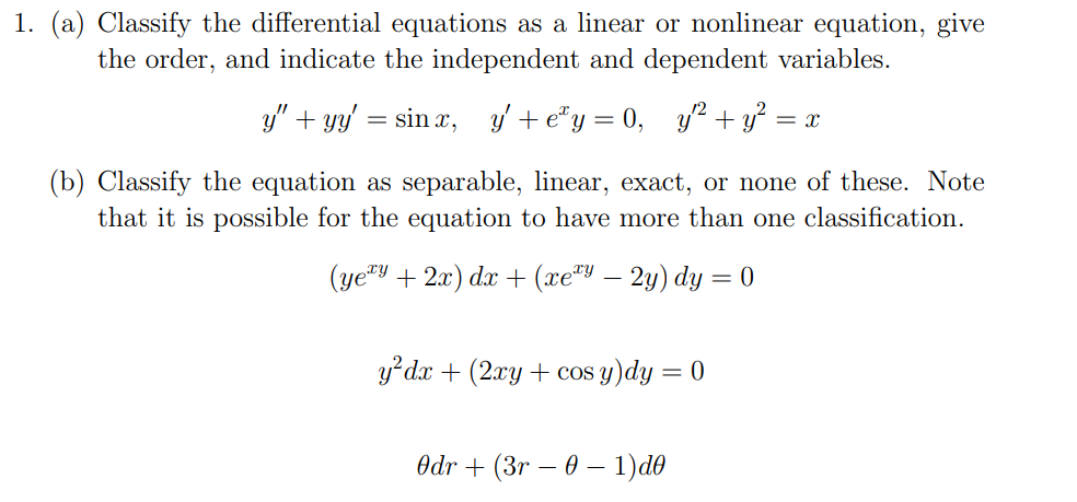 Solved (a) Classify the differential equations as a linear | Chegg.com
