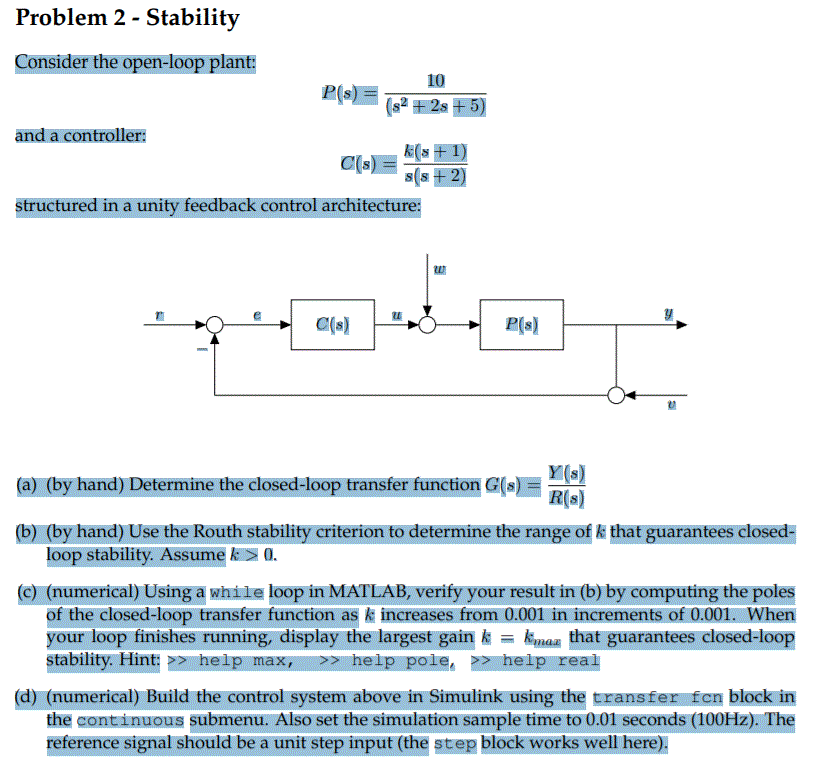 Problem 2 - Stability Consider the open-loop plant: | Chegg.com